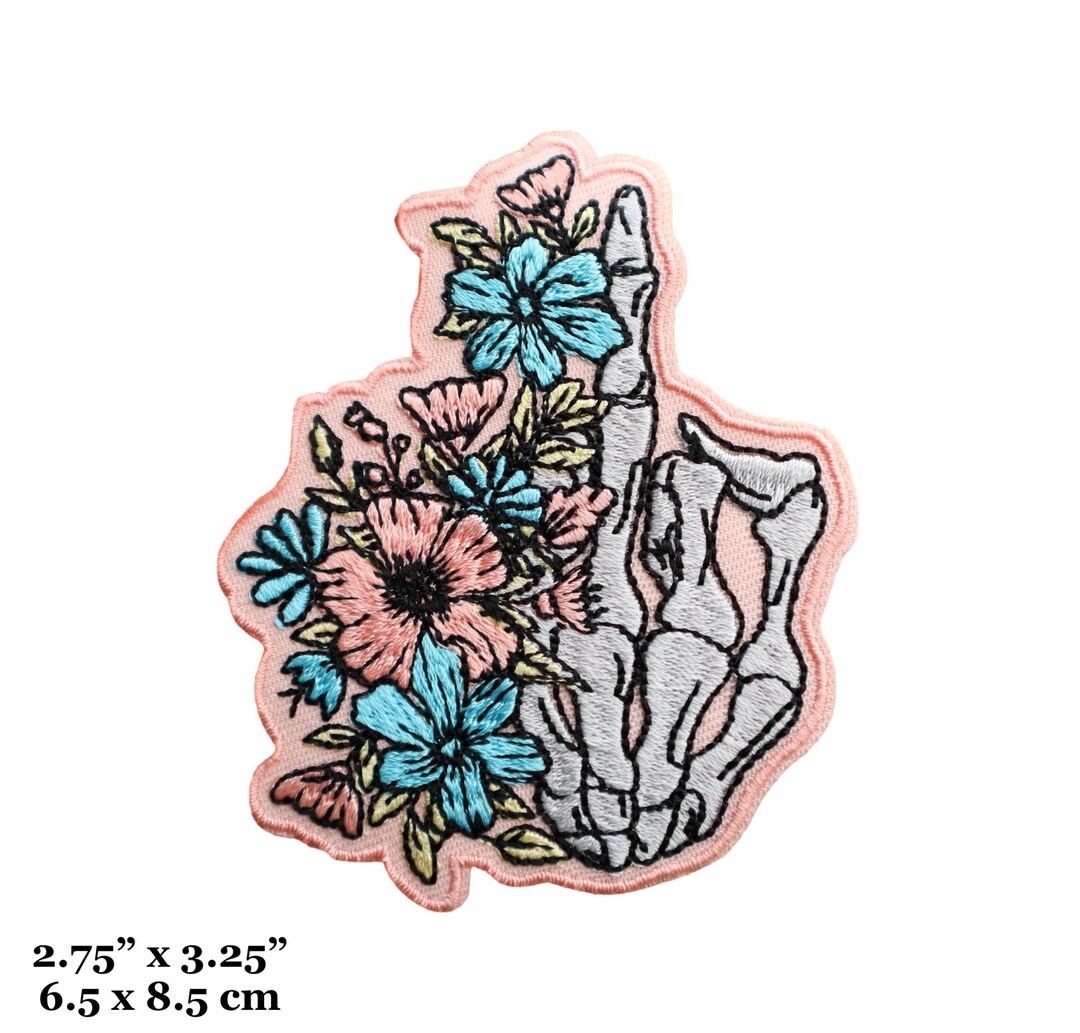 Skeleton Hand Middle Finger FU Flowers Skull Punk Pink Embroidered Iron ...