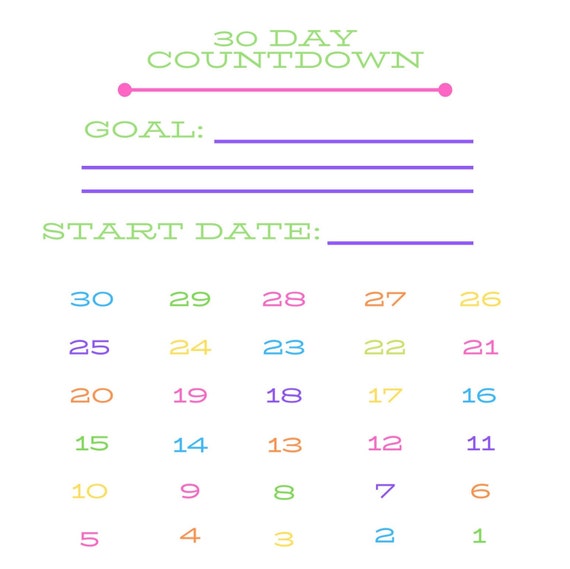 30 Day Countdown Printable Sheet Instant Digital Download - Etsy Australia