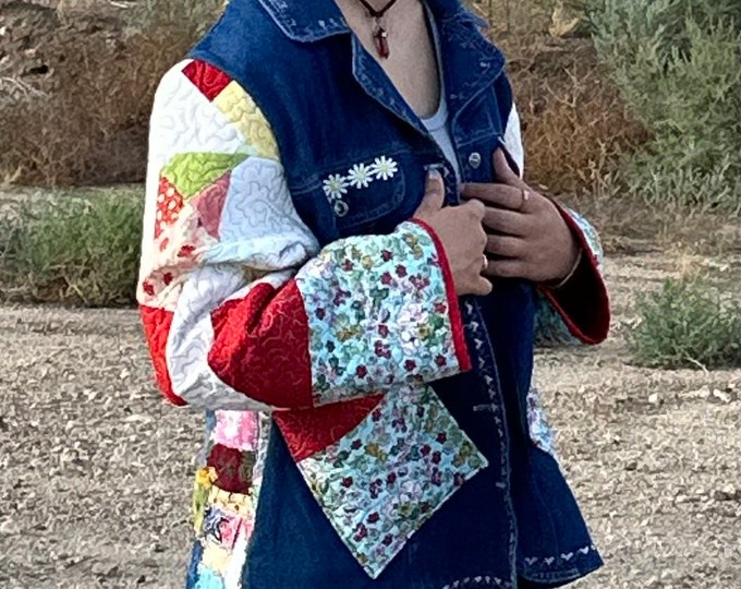 Upcycled Denim Jacket Large Denim Jacket With Vintage Feedsack Quilt ...