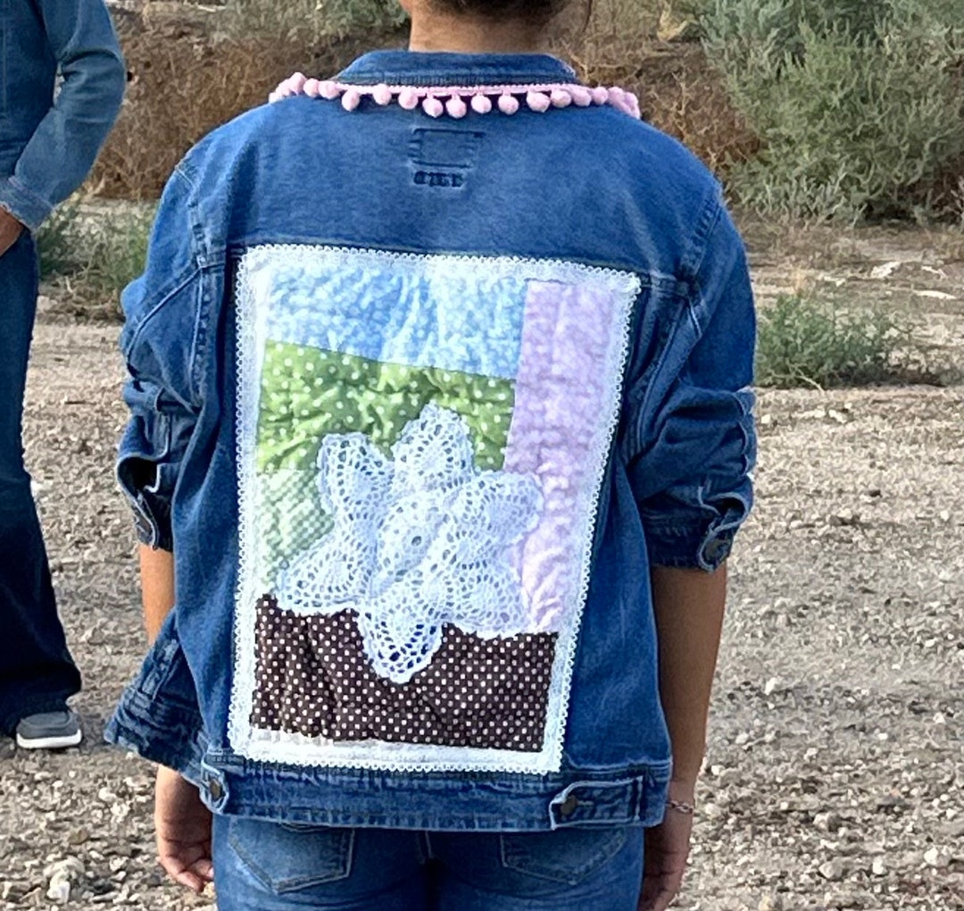 Denim Jacket With Quilted Panel and Lace on the Back. Recycled ...