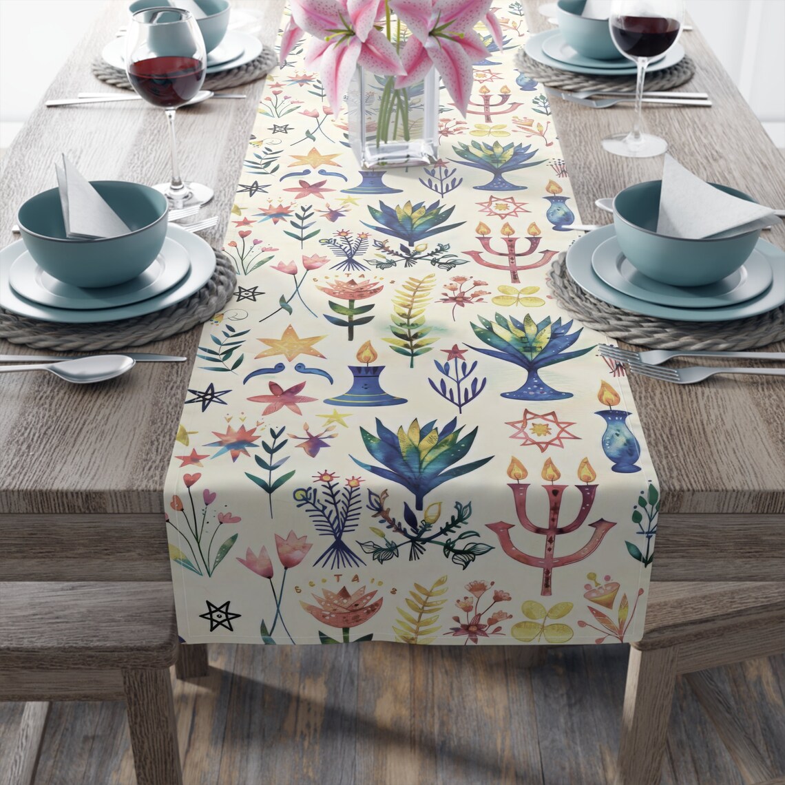 Floral Jewish Table Runner, Shabbat Table Runner, Shavuot Table Runner ...