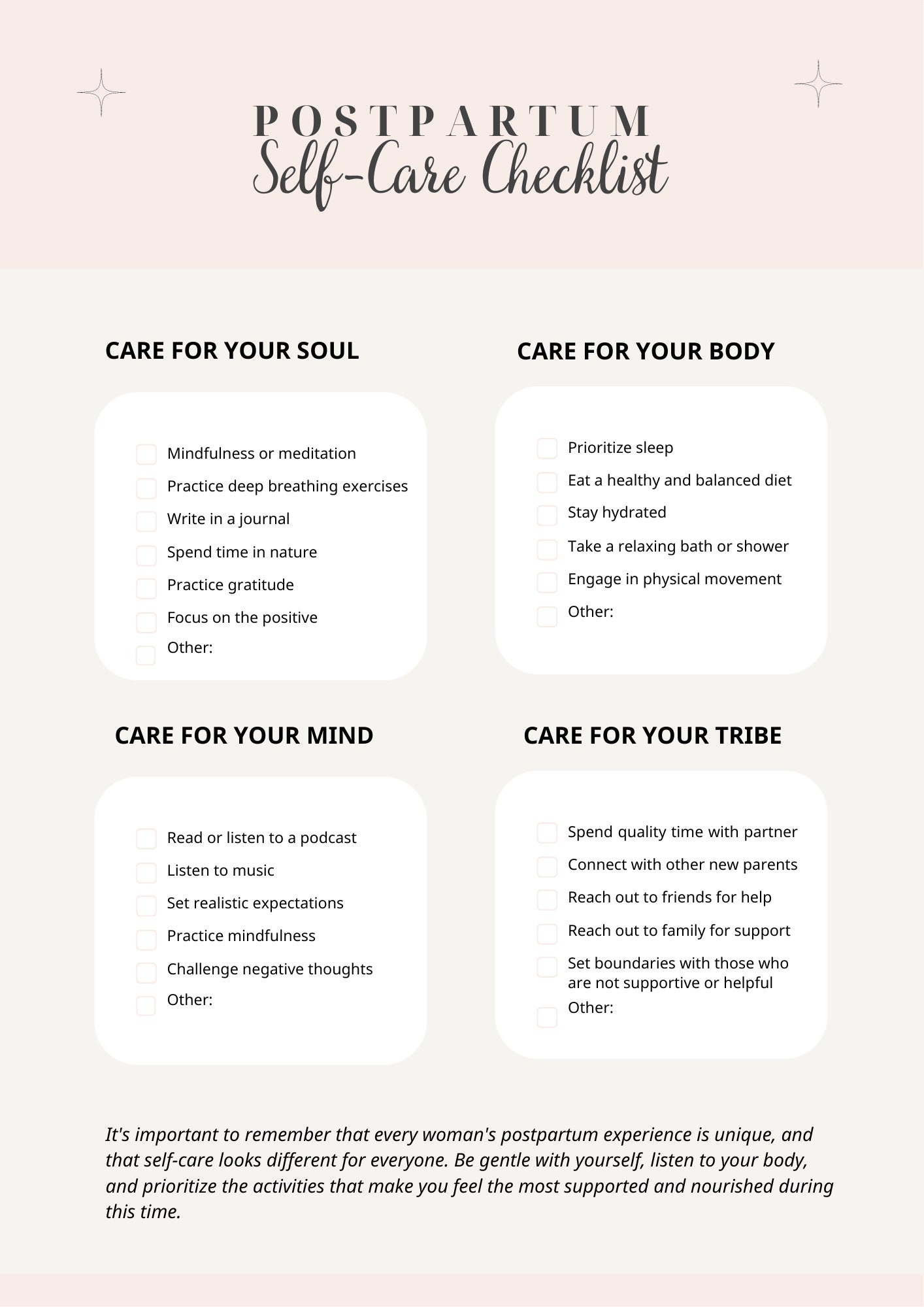 Postpartum Mental Health Checklist, Postpartum Self Care Checklist & Template, Checklist for ...