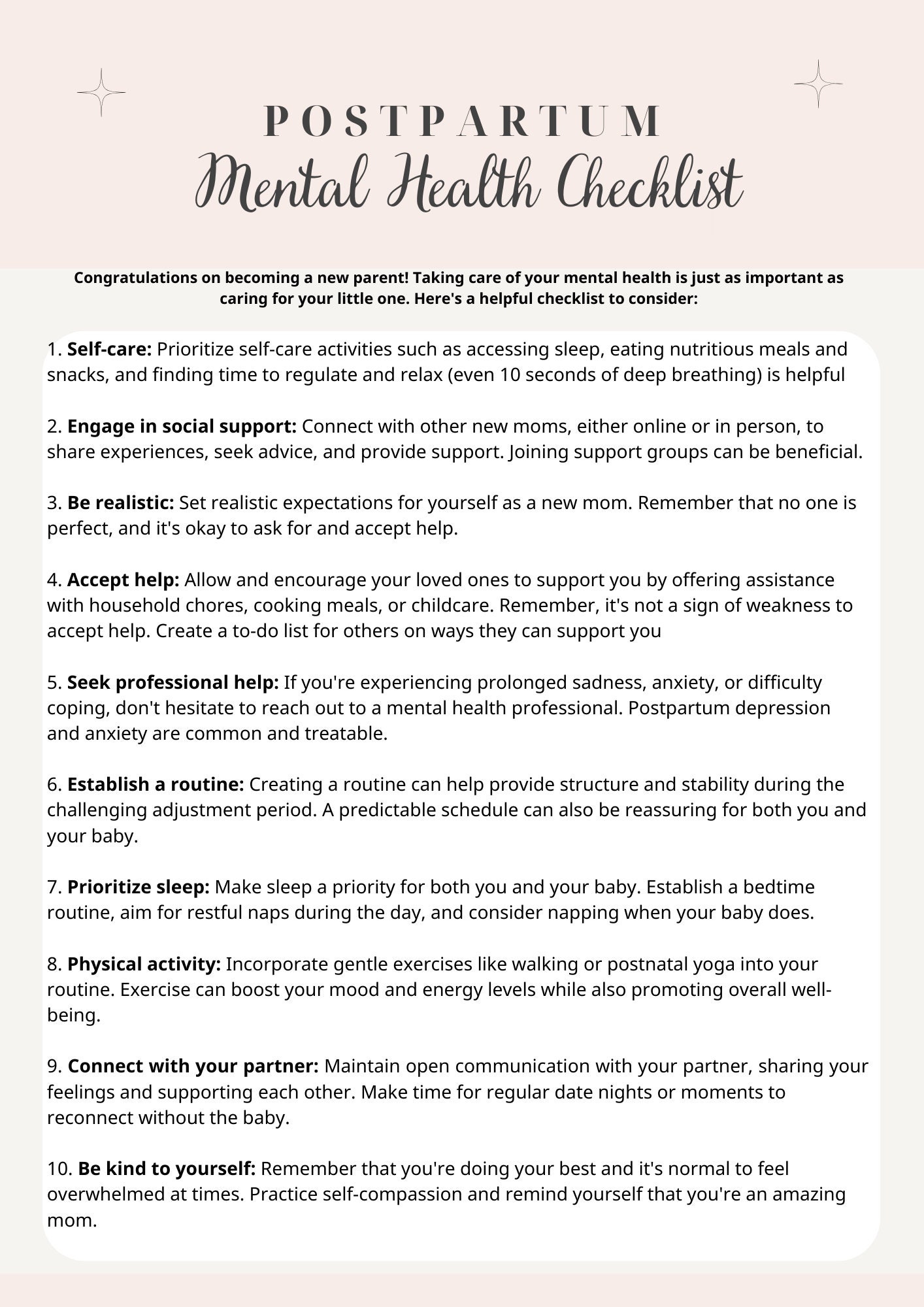 Postpartum Mental Health Checklist, Postpartum Self Care Checklist & Template, Checklist for ...