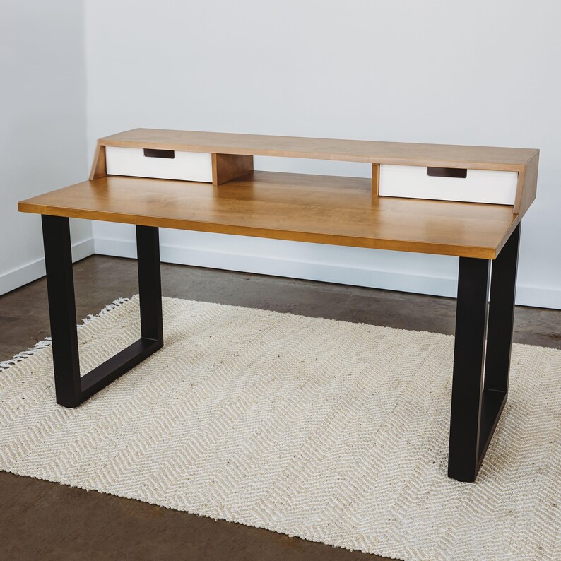Mid-century Modern Solid Maple Sitting Desk Built-in Monitor Riser With ...