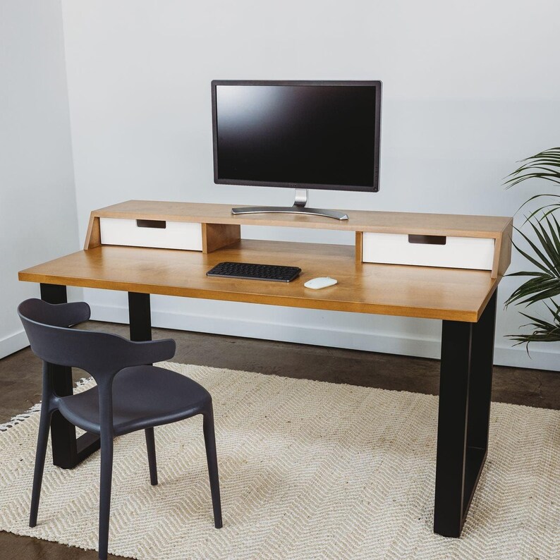 Mid-century Modern Solid Maple Sitting Desk Built-in Monitor Riser With ...