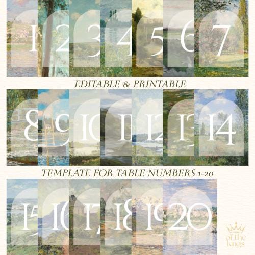 EDITABLE AND PRINTABLE Claude Monet Wedding Table Numbers 1-20 Template ...