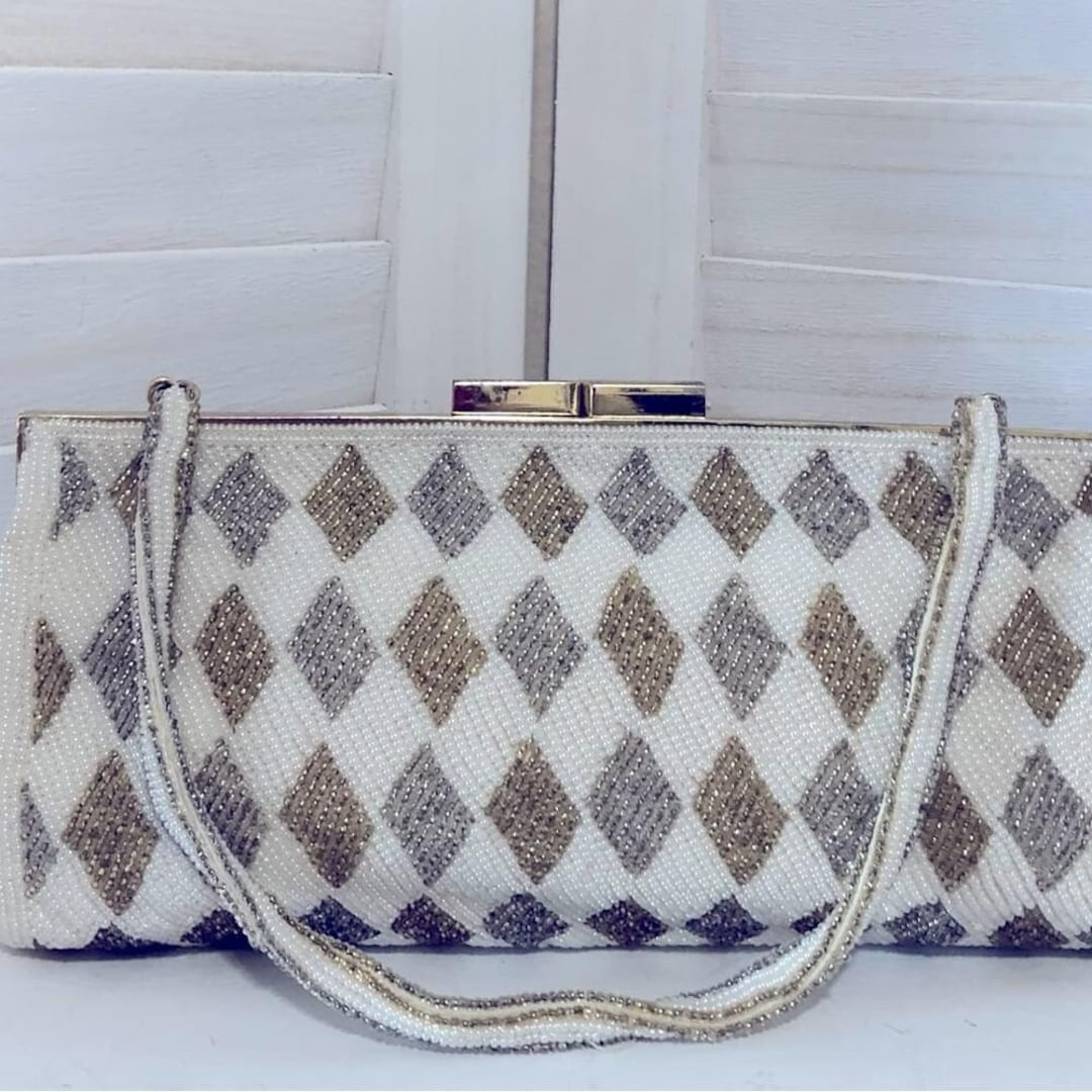 Vintage Beaded Diamond Pattern Silver Golden Cream Clutch Elbow Small ...