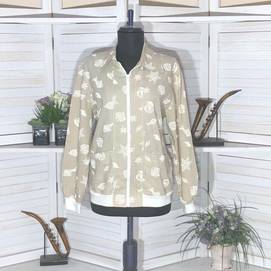 90s Nautical Beach Jacket Sea Shells Beige Linen Zippered L - Etsy