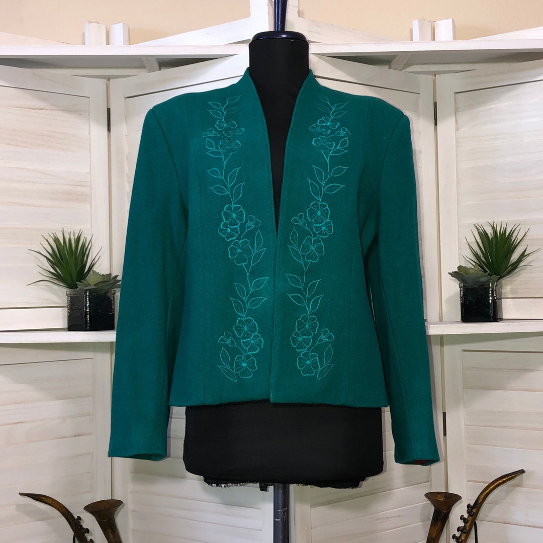 Vintage 80s Emily Inparis Style Teal Green Huge Floral Embroidered Wool ...