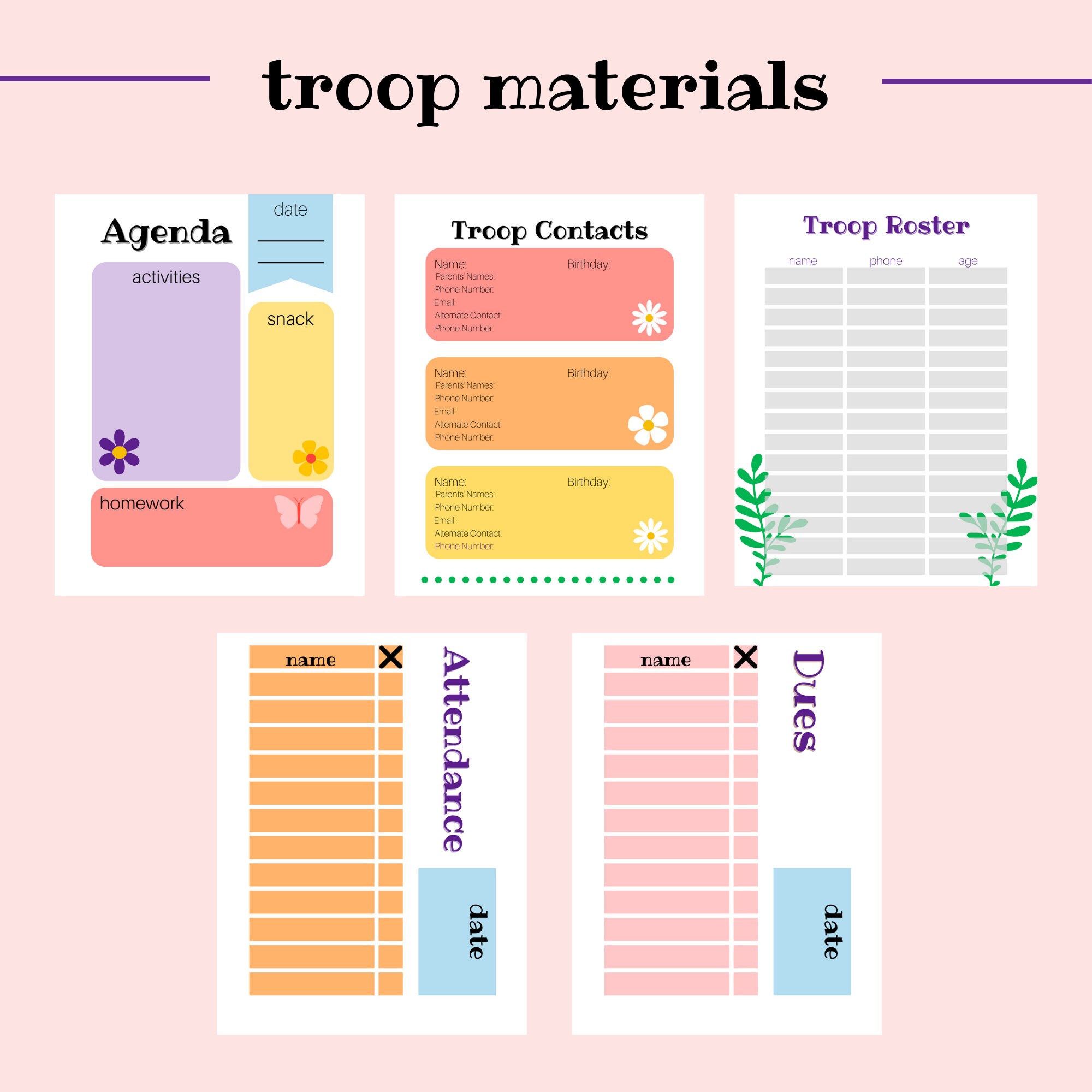 Printable Year Organizer for Girl Scout Leaders, Garden Friends Theme ...