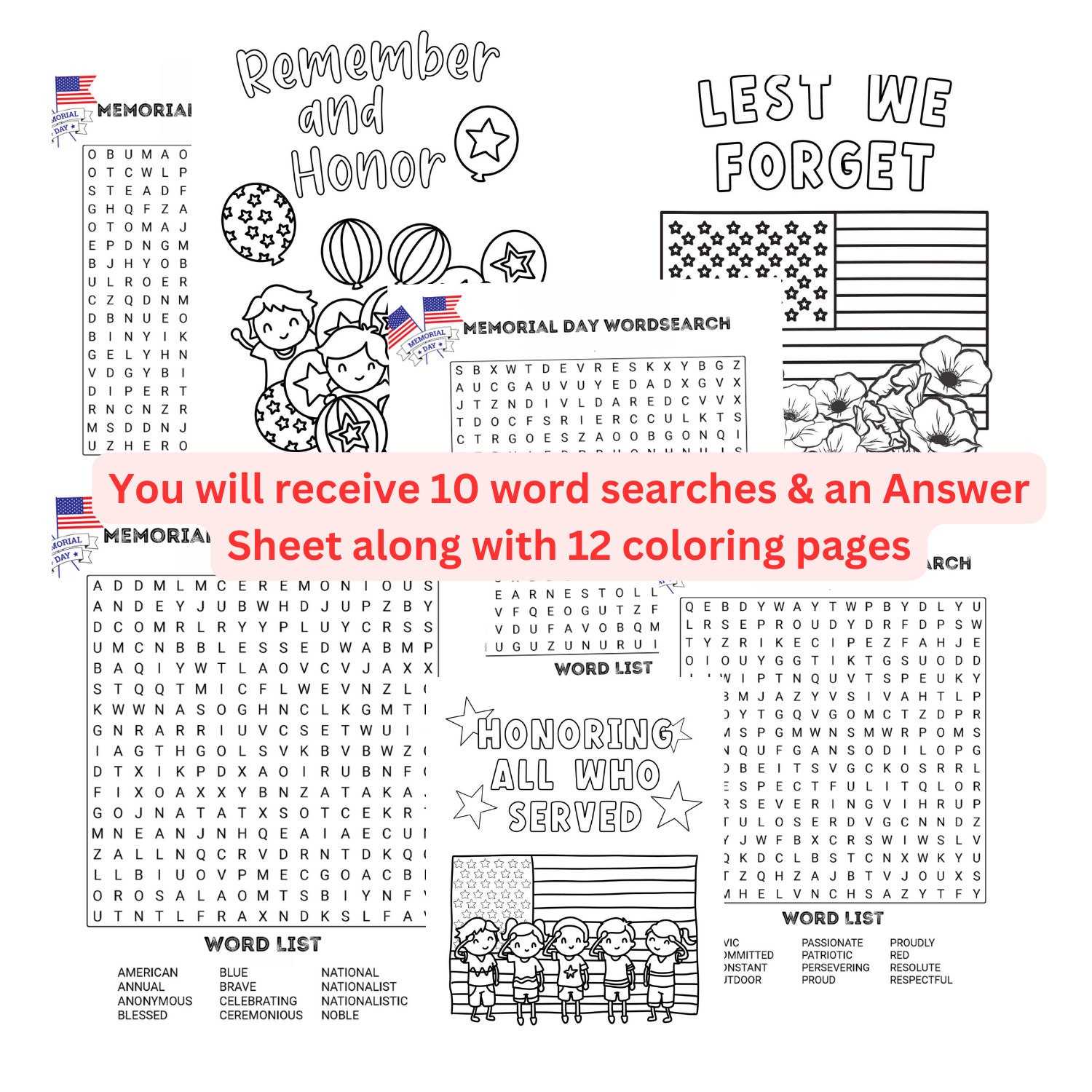 Memorial Day Activity Coloring Pages and Wordsearch Puzzle Printable ...