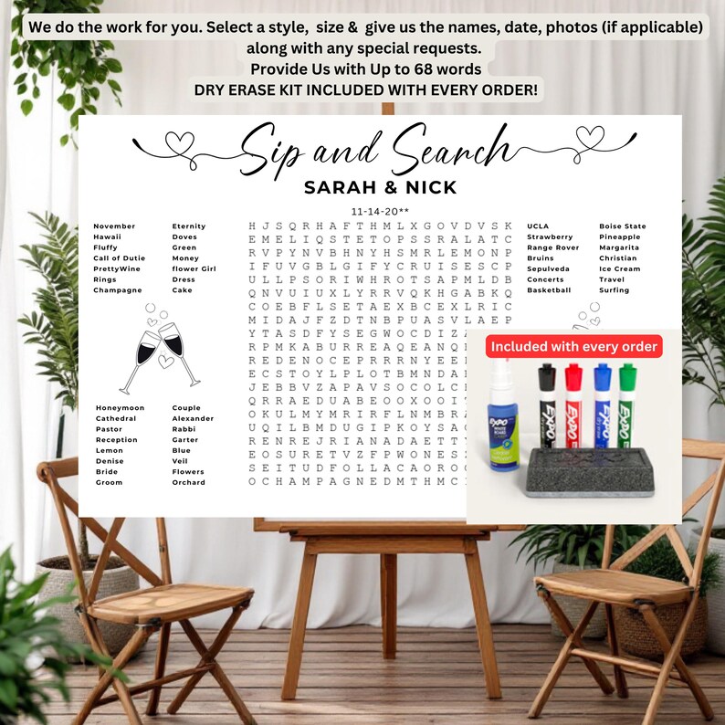 Dry Erase Wedding Word Search Puzzle: Sip and Solve, Personalized Sign ...