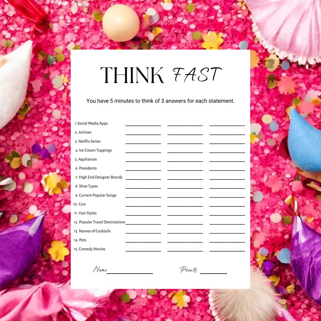 Think Fast Game: Adult Party Icebreaker, Girls Night Fun - Etsy