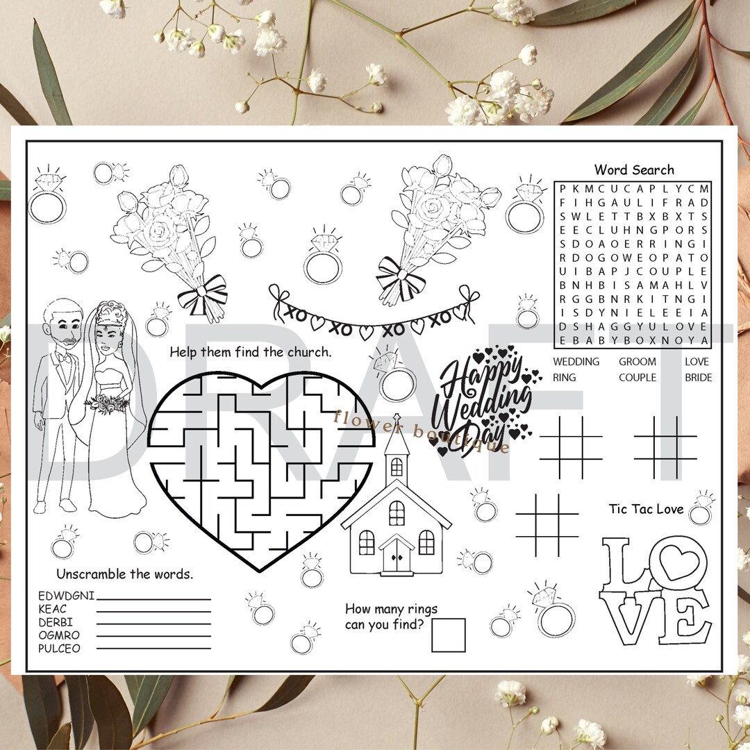Wedding Coloring Page or Reception Kids Color Placement Printable ...
