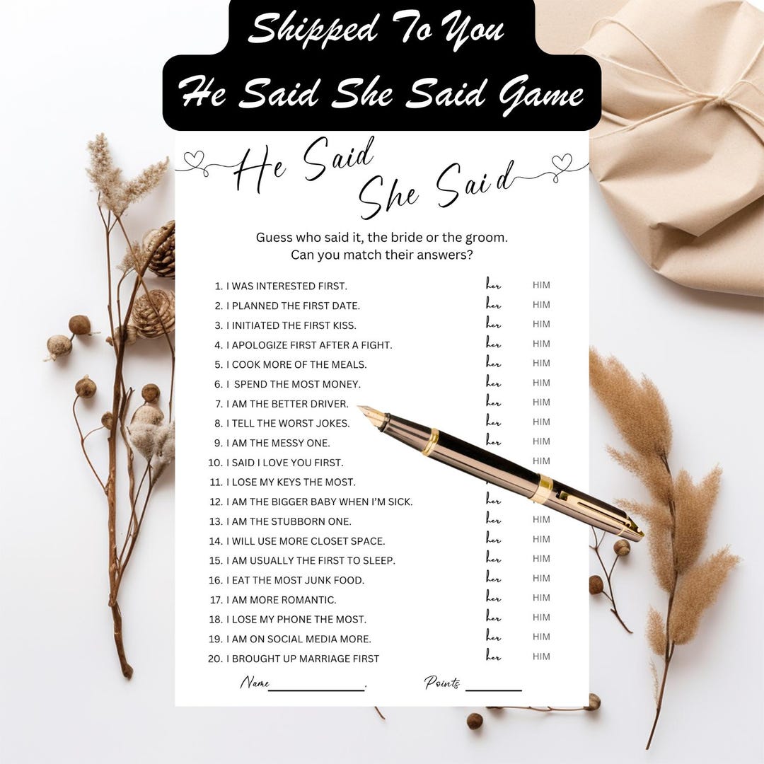 PRINTED Bridal Shower Game, Printed + Shipped, He Said She Said Game ...