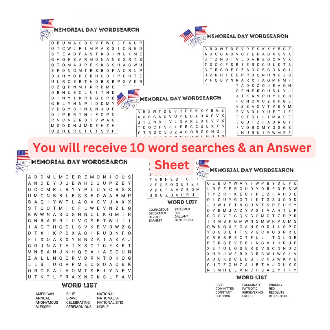 Memorial Day Word Searches 10 Printable Instant Download Puzzles - Etsy