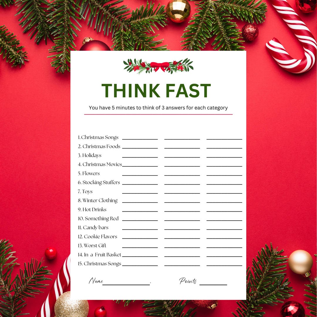 Think Fast Christmas Game: Printable Holiday Party Game (PDF) - Etsy