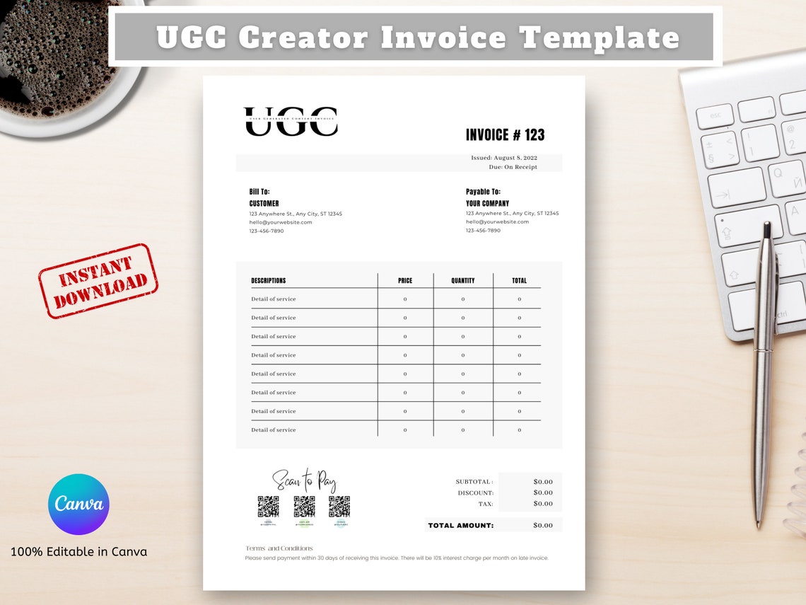 Invoice for Influencer, Invoice Template, UGC Creator, UGC, Invoice for ...