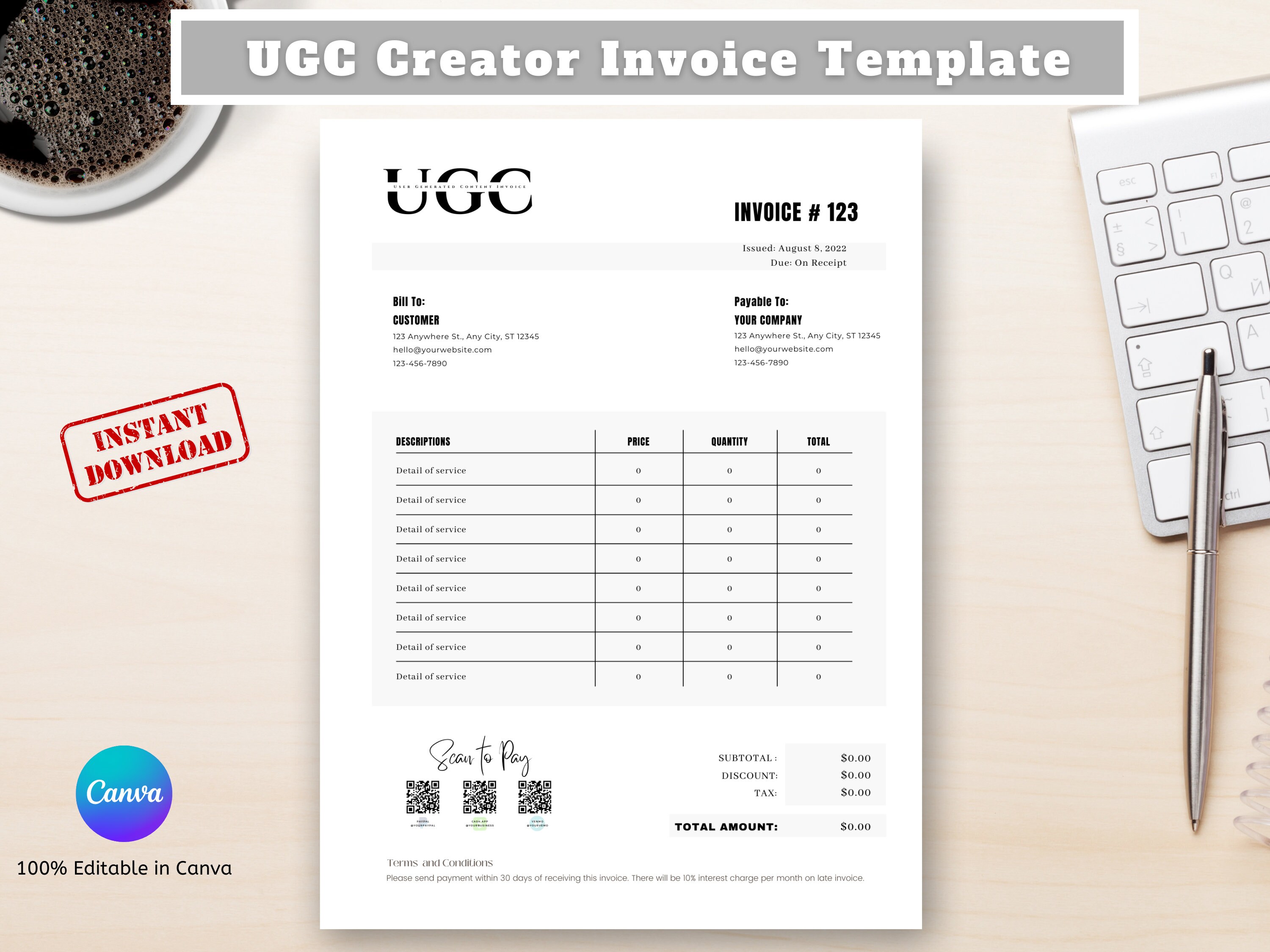 Invoice for Influencer, Invoice Template, UGC Creator, UGC, Invoice for ...