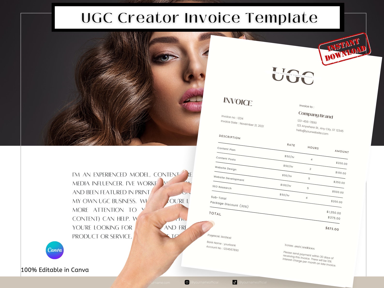 Invoice for Influencer, Invoice Template, UGC Creator, UGC, Invoice for ...