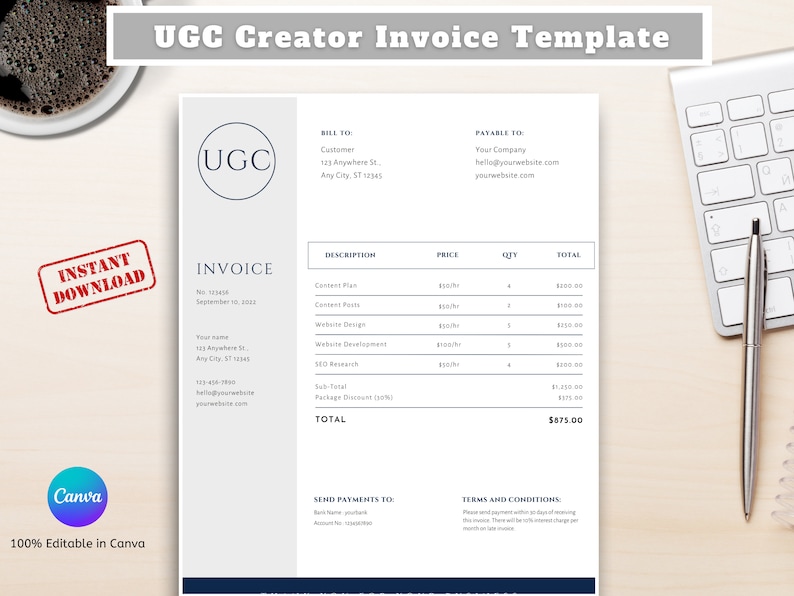 Invoice for Influencer, Invoice Template, UGC Creator, UGC, Invoice for ...