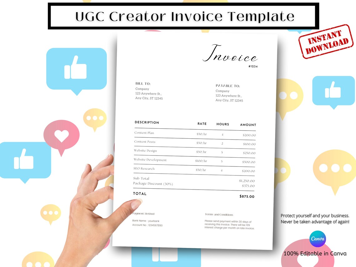 Invoice for Influencer, Invoice Template, UGC Creator, UGC, Invoice for ...