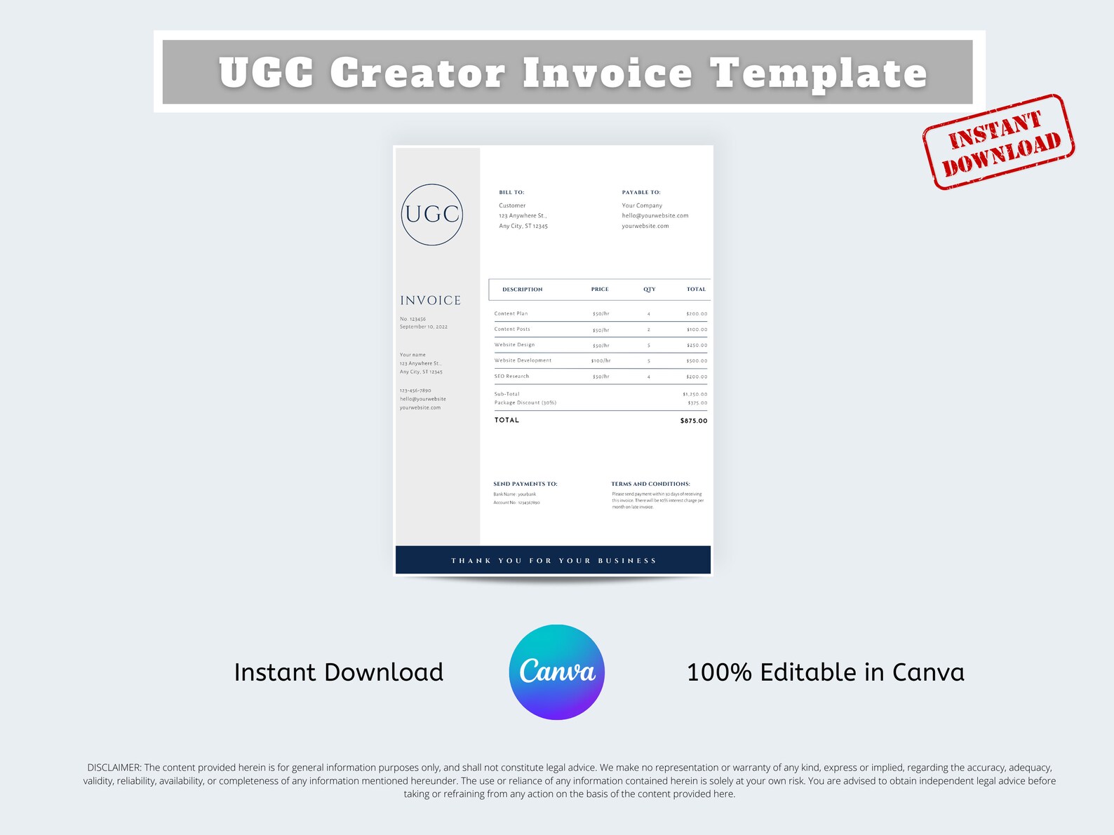 Invoice for Influencer, Invoice Template, UGC Creator, UGC, Invoice for ...