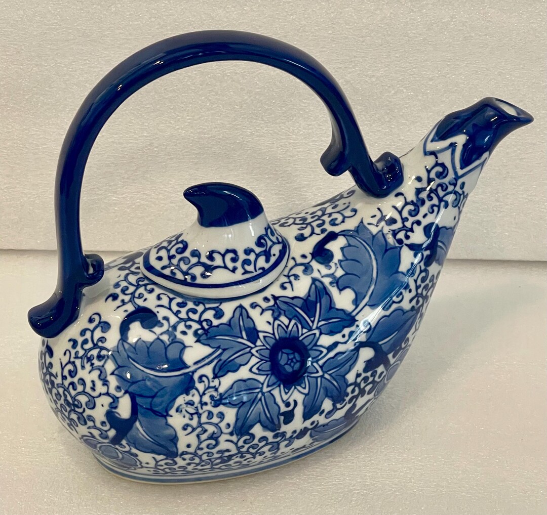 UNUSUAL SHAPE Delft Style Cobalt Blue White Tea Pot Pitcher Figurine ...