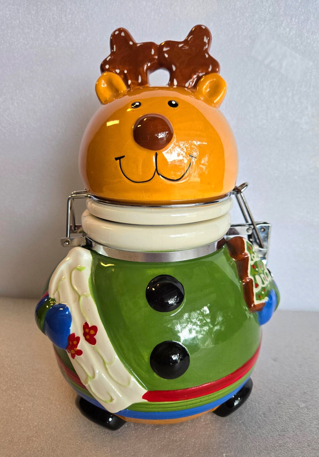 Reindeer Ceramic Christmas Cookie Jar W/latch Hinged Canister 8" Tall ...