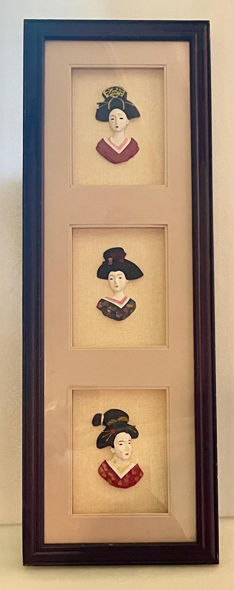 Geisha Framed Shadow Box Asian 3 Girls in Hats Japan Porcelain 28”X10 ...