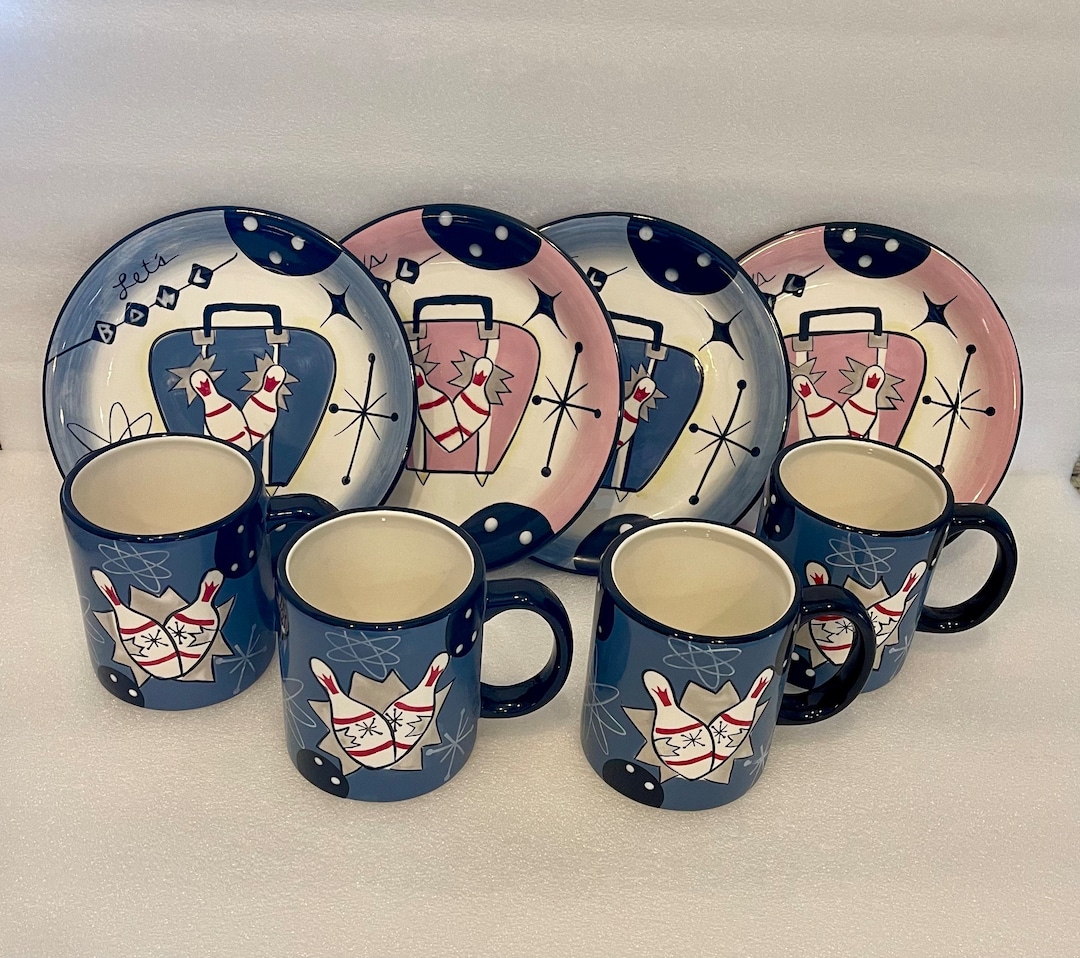 Bowl O Rama Clay Art Hand Painted Stonelite 4 Place Plates & Mugs Never ...