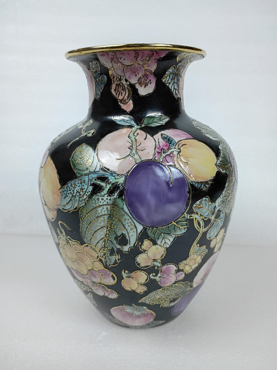 Andrea by Sadek Vase Hand Painted 9" Inch Black Colorful Grapes and ...