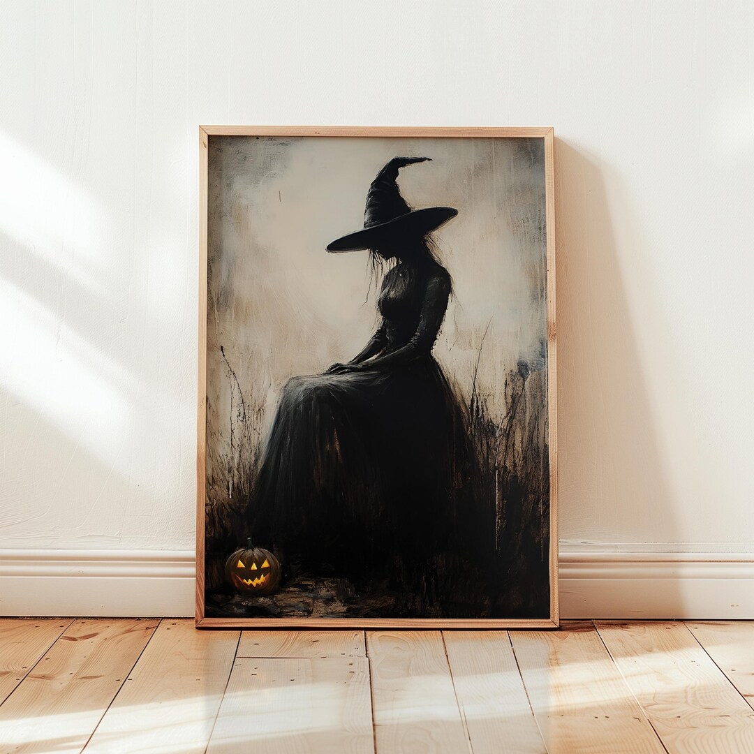 Vintage Halloween Witch Art Print, Retro Spooky Oil Painting, Witchy ...