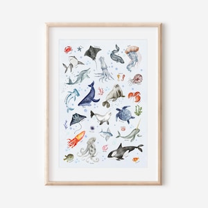 Sea Animals Poster, Ocean Animals Wall Décor, Marine Animals Print ...