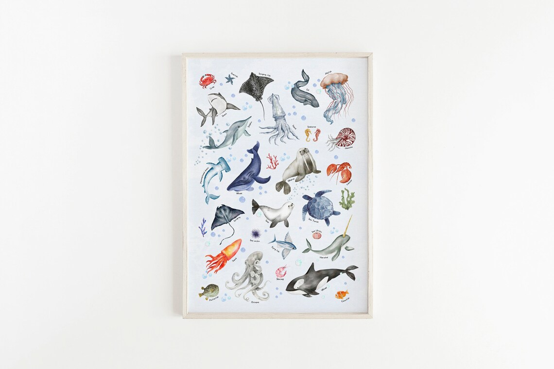 Sea Animals Poster, Ocean Animals Wall Décor, Marine Animals Print ...