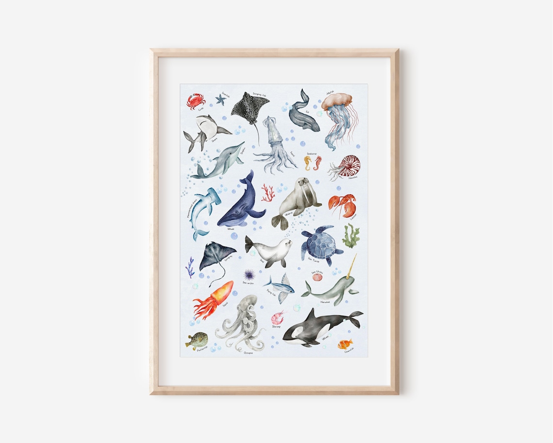 Sea Animals Poster, Ocean Animals Wall Décor, Marine Animals Print ...