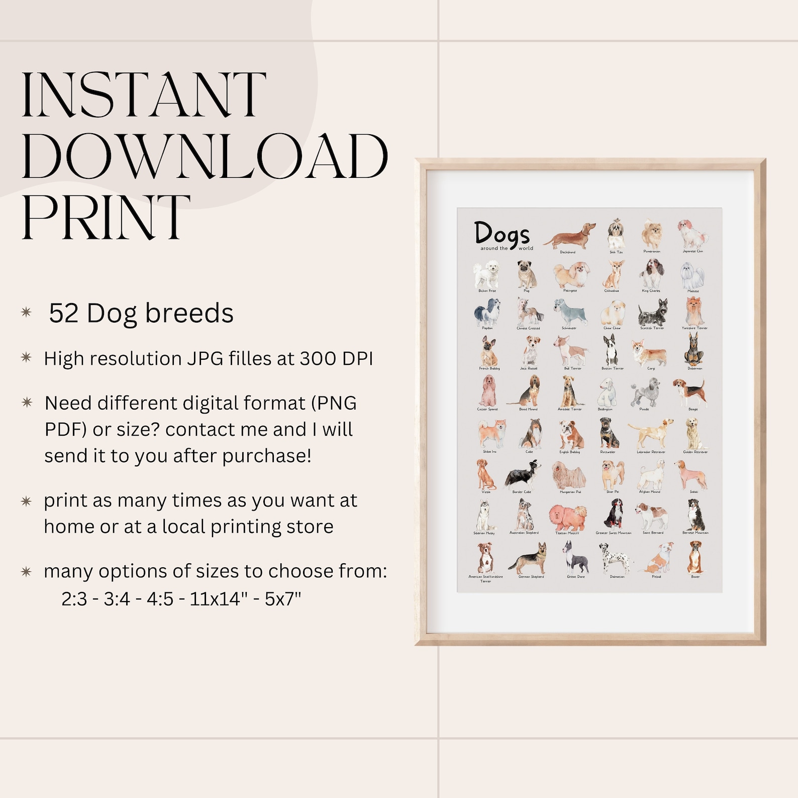 Digital Download Watercolor Dog Breed Poster - 52 Breeds - Printable ...