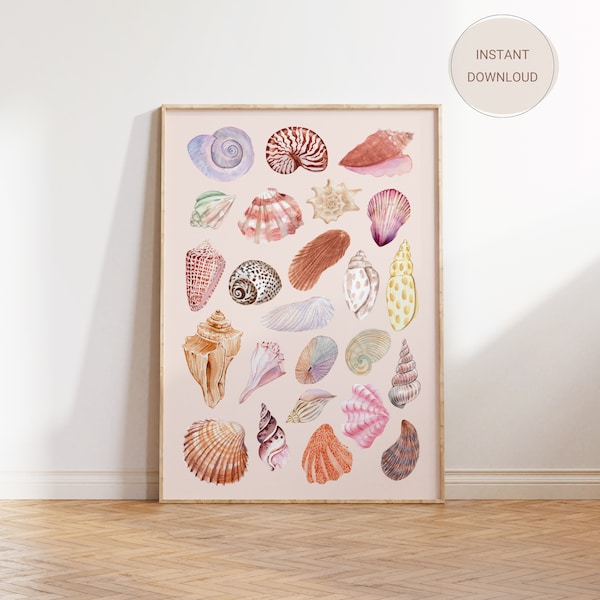 Watercolor Seashell Digital Art Print Illustration, Printable Wall Art ...