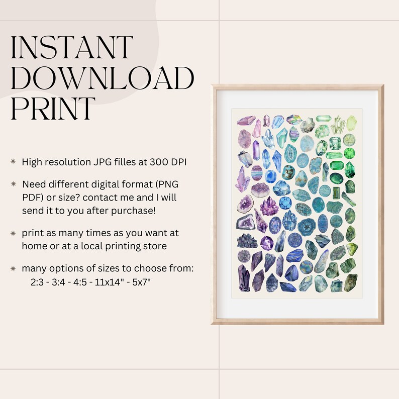 Printable Blue and Green Watercolor Gemstone Print, Minerals & Crystal ...