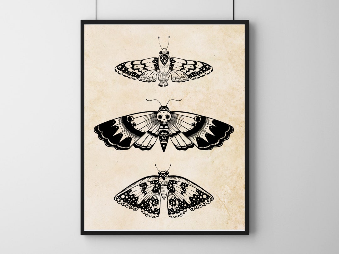 Vintage Moth Wall Art, Black Moth Print, Moth Tattoo Print, Halloween ...