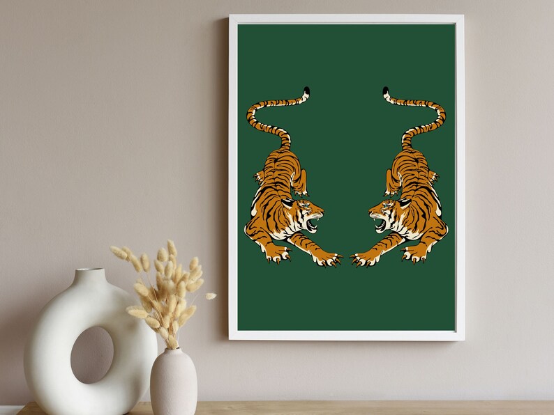 Green Tiger Wall Art, Green Tiger Print, Cat Wall Art, Printable Wall ...