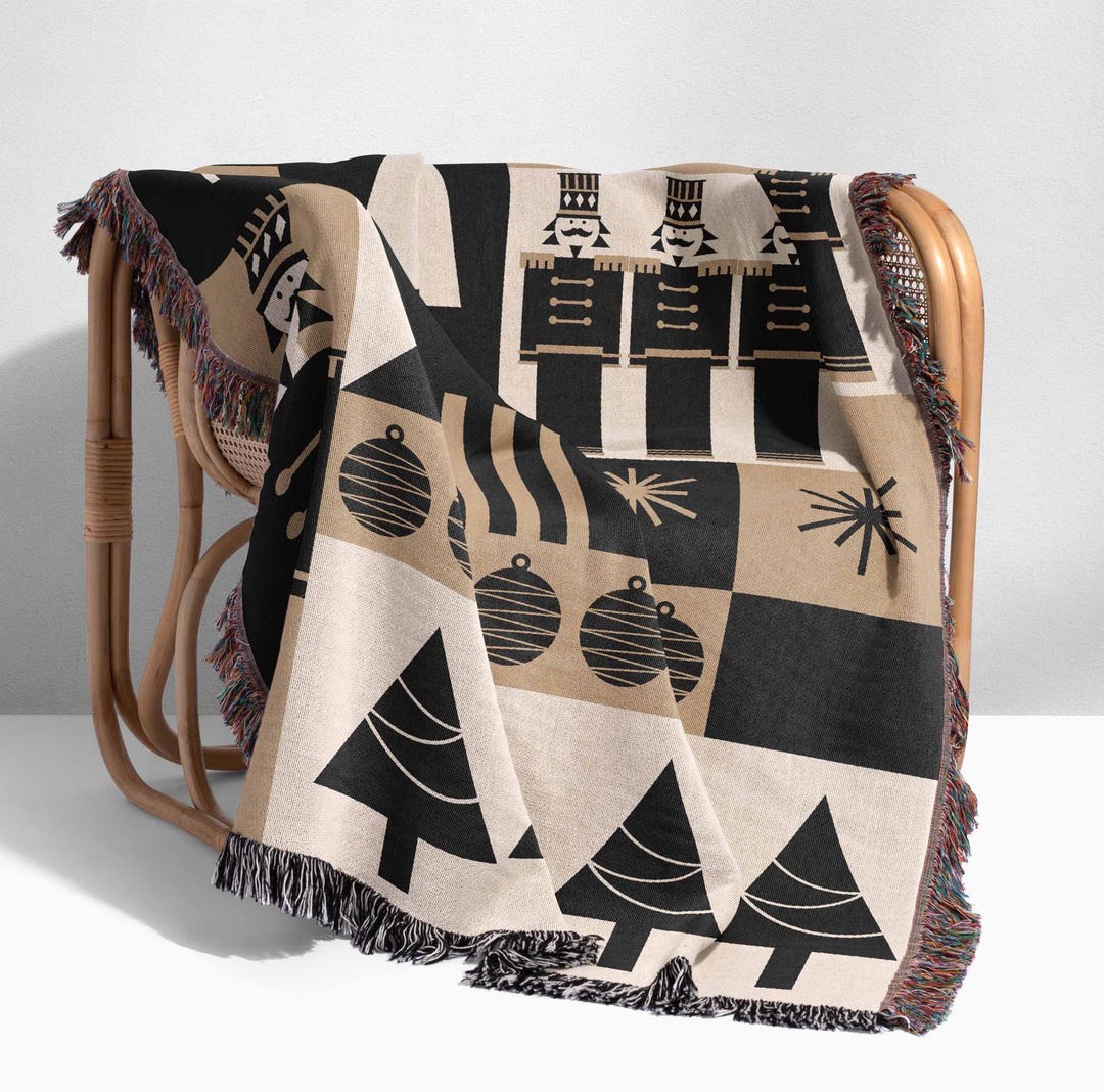 Modern Woven Christmas Throw Blanket | Black, Tan & White Cotton ...