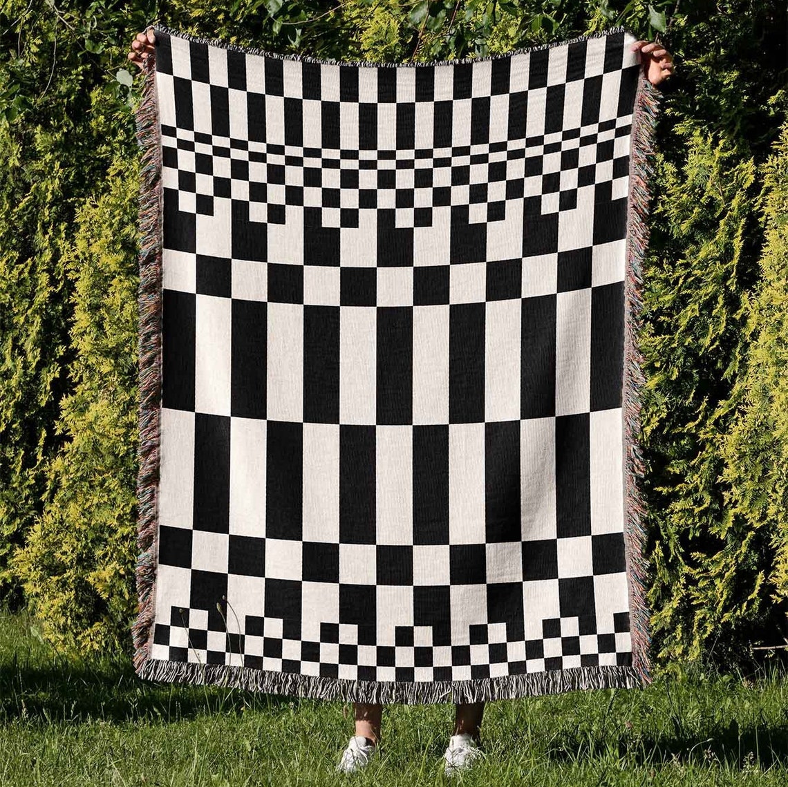 Woven Cotton Checkered Throw Blanket, Woven Tapestry, Fringed Wall ...