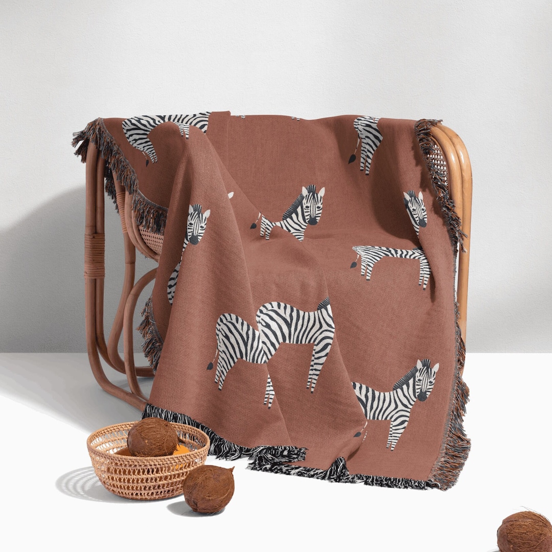 Woven Cotton Rust Throw Blanket, Terracotta Zebra Tapestry, Fringed ...
