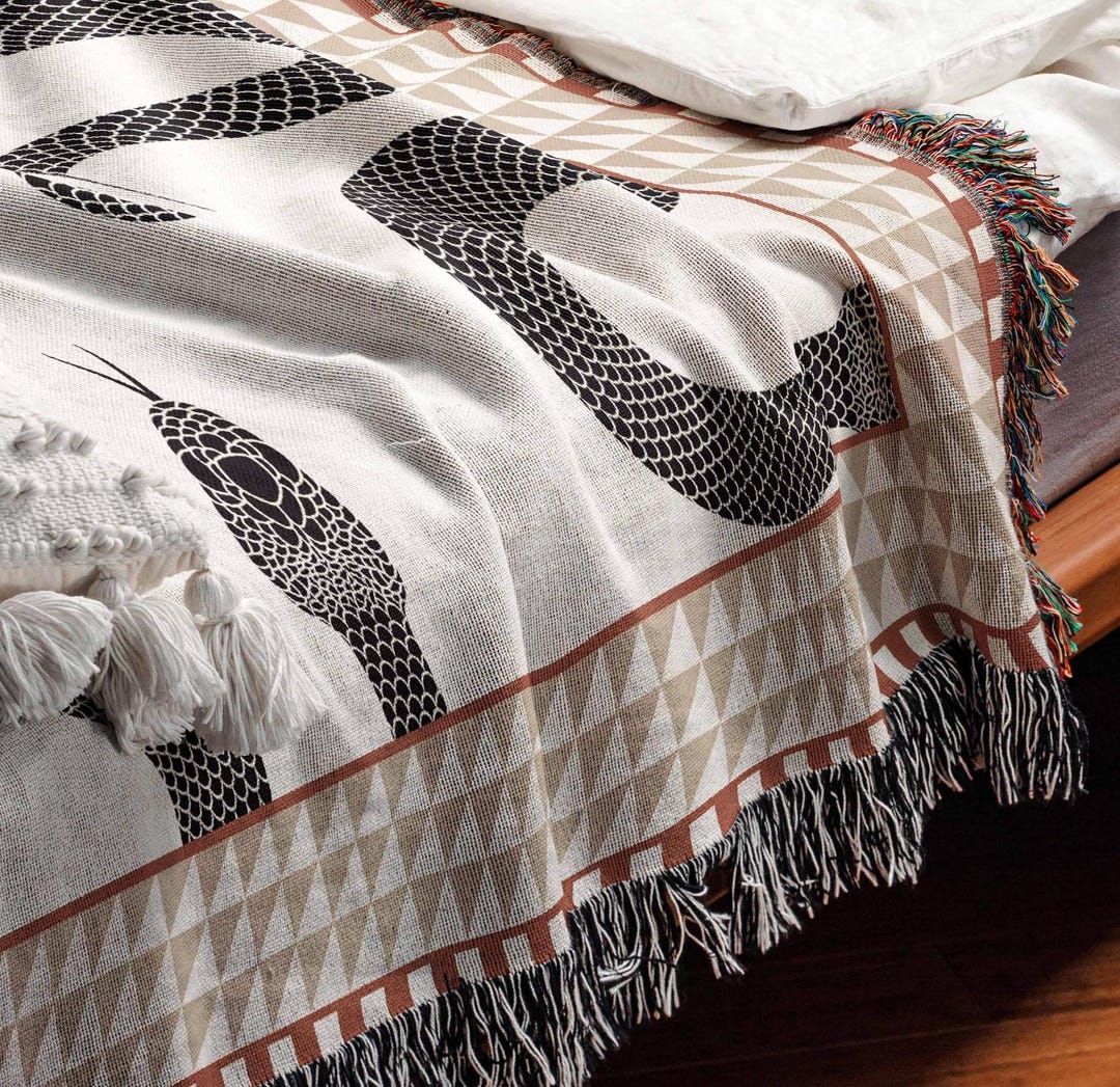 Woven Cotton Throw Blanket, Trendy Home Decor, Snakes Throw, Maximalist ...