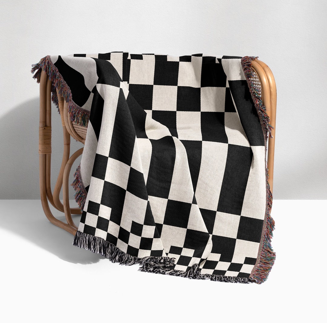 Woven Cotton Checkered Throw Blanket, Woven Tapestry, Fringed Wall ...