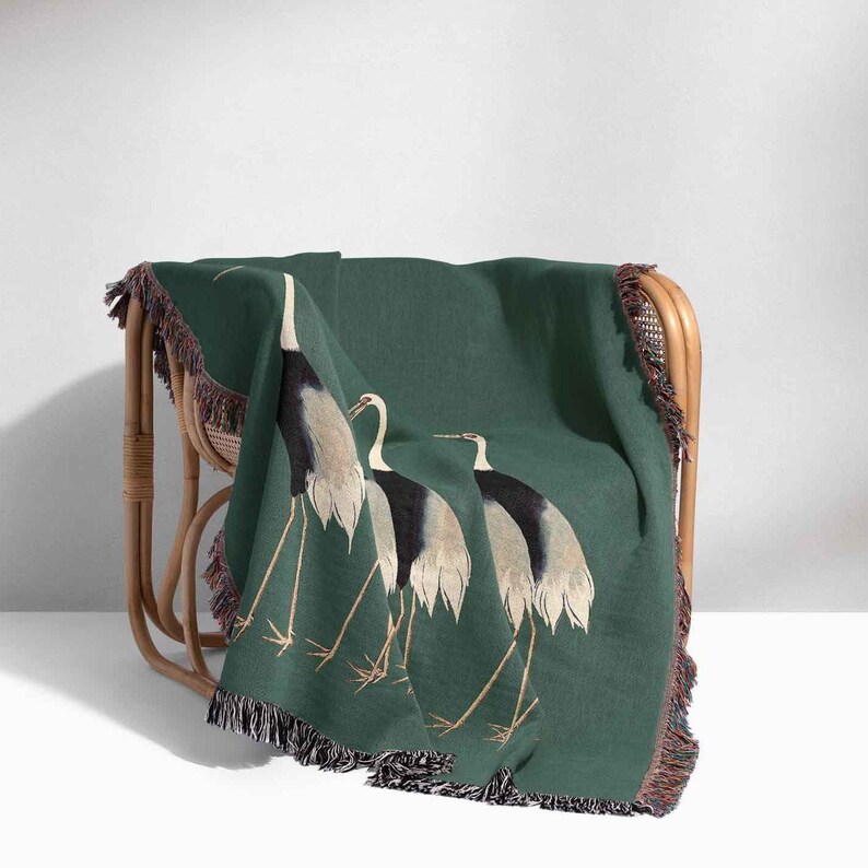 Woven Cotton Throw Blanket: Vintage Crane Art, Fringed Tapestry - Etsy