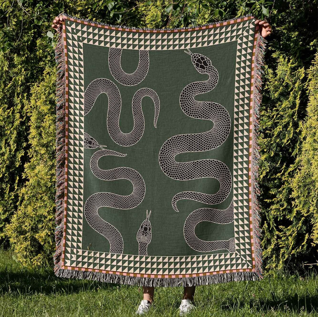 Woven Cotton Throw Blanket, Trendy Home Decor, Snakes Throw, Maximalist ...
