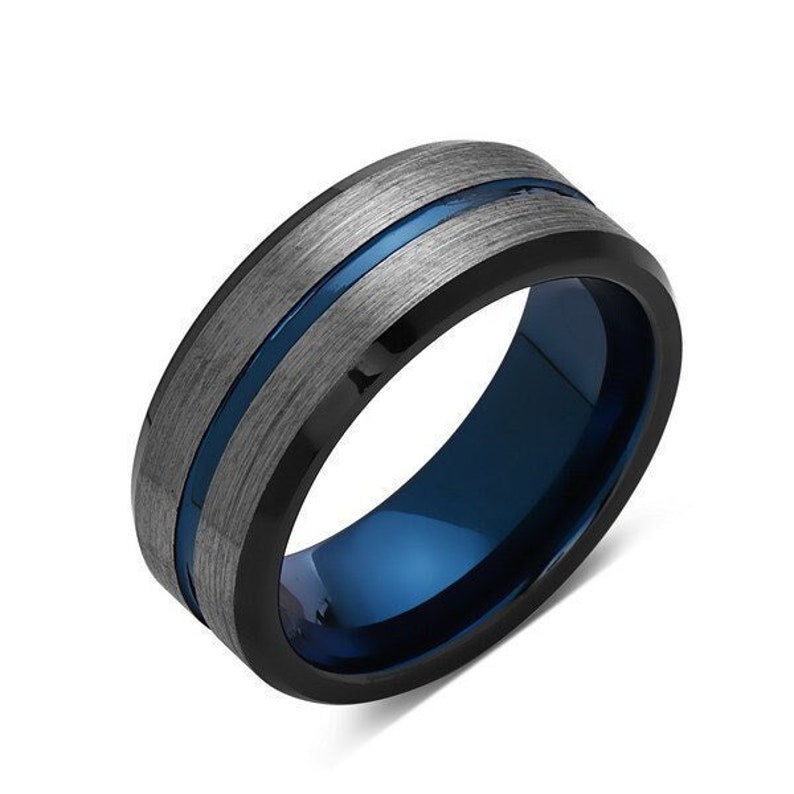 Brushed Blue Tungsten Rings, Gray Manly Wedding Bands, Blue Center ...