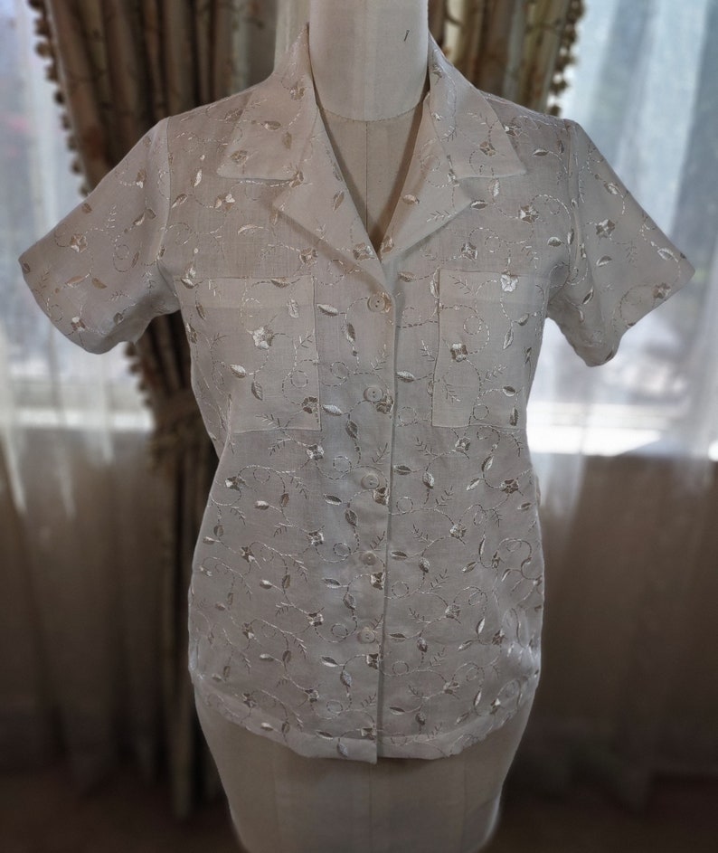 Embroidered Linen Blouse, Irish Fabric, Short Sleeve Top, Ivory ...